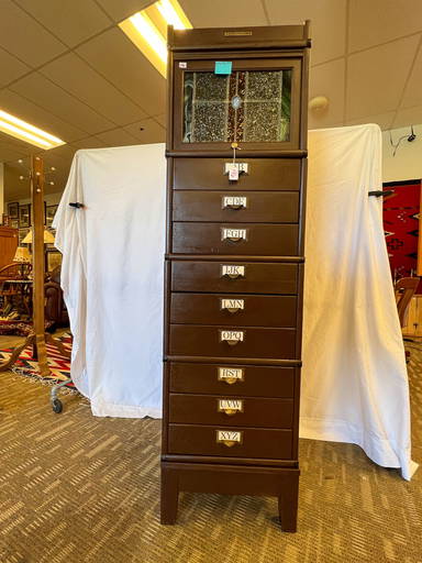 9 Drawer 4 Stack File Cabinet, With Stained Glass Door