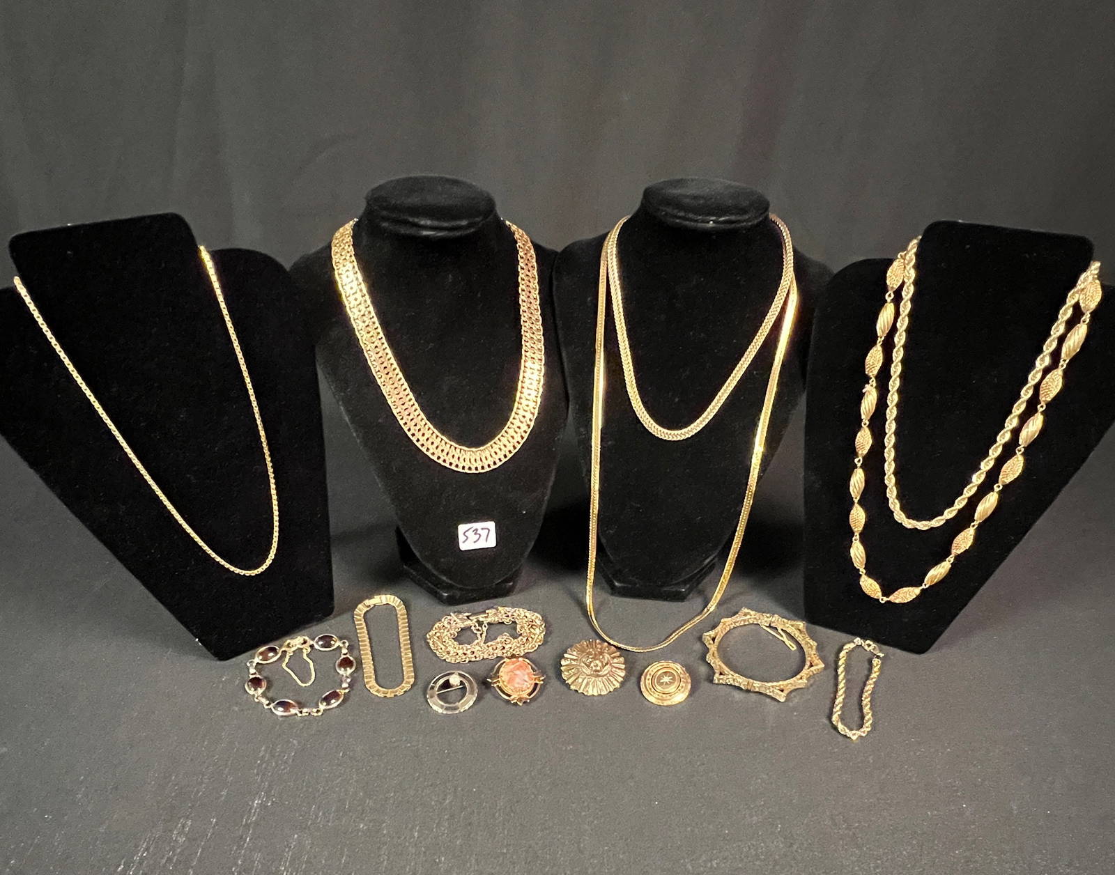 Group Of Vintage Gold Tone Necklaces, Bracelets And Pins C1960's Auction
