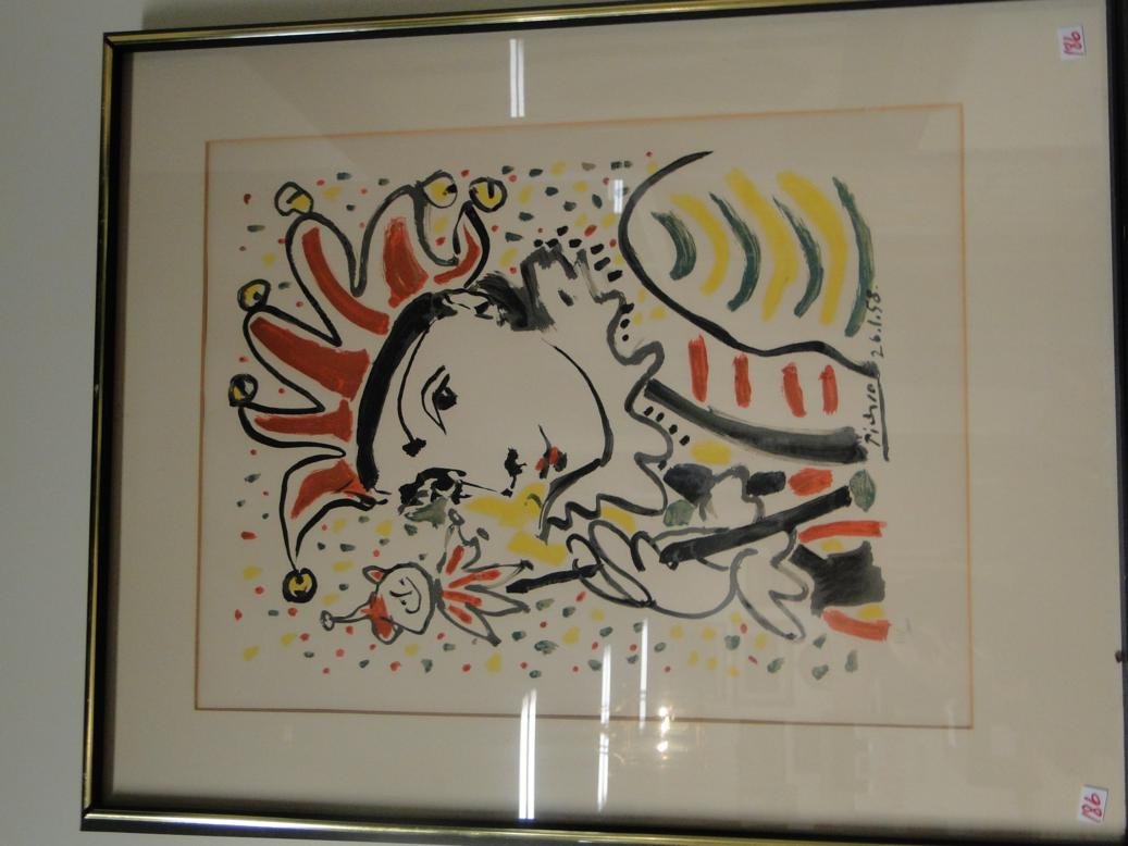 A Pablo Picasso print of a jester dated 1958, numbered