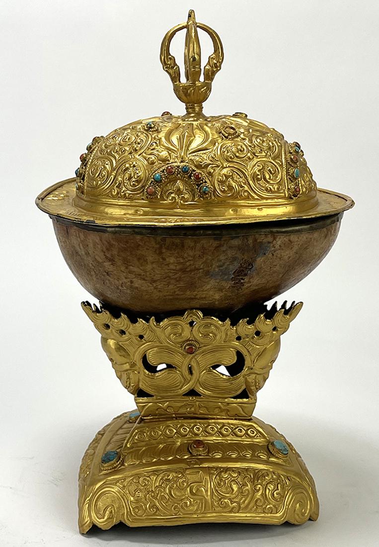 Tibetan Buddhist Ritual Object Kapala Skull Cup On Stand
