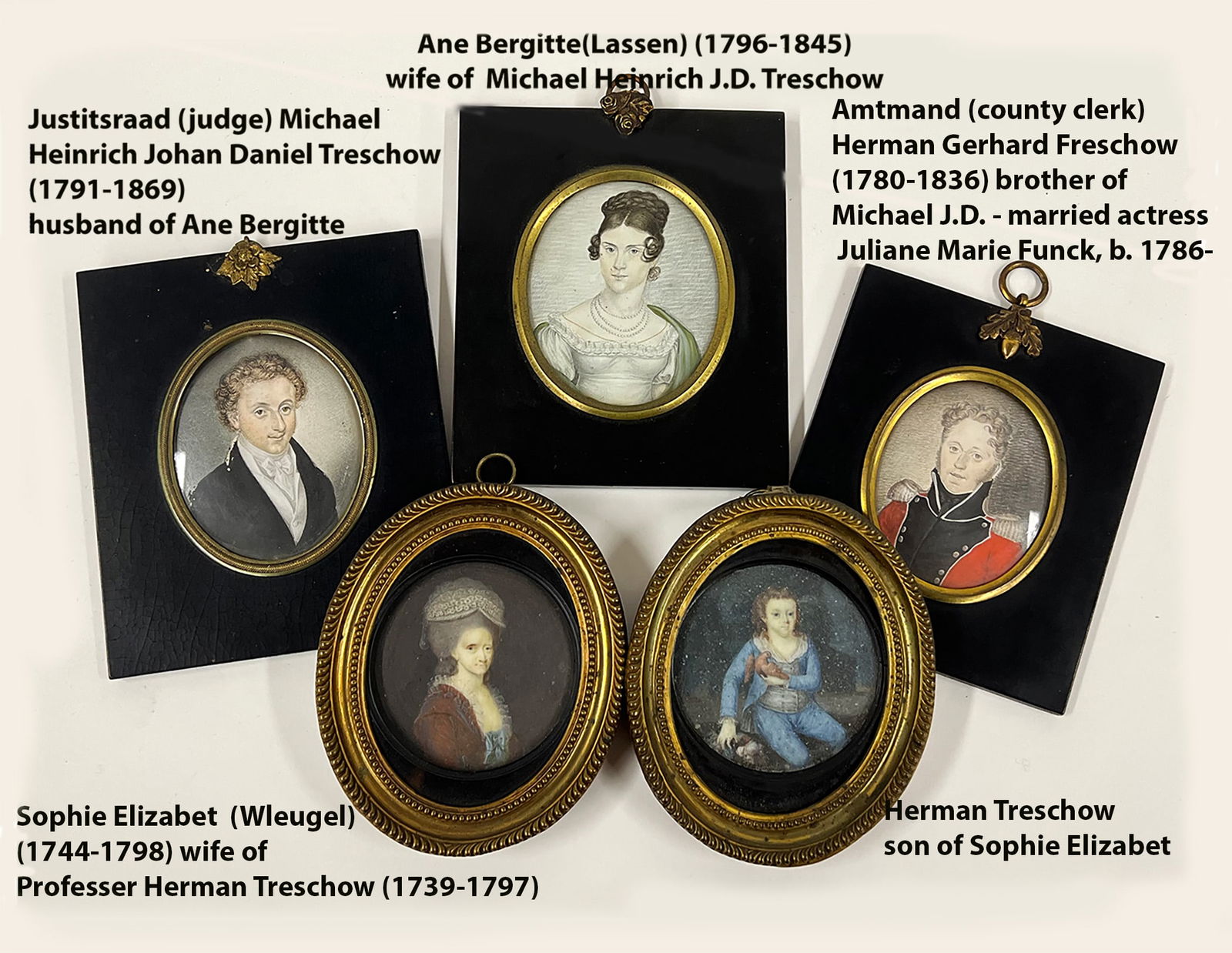 (5) Danish Miniature Portraits, Treschow Family Auction