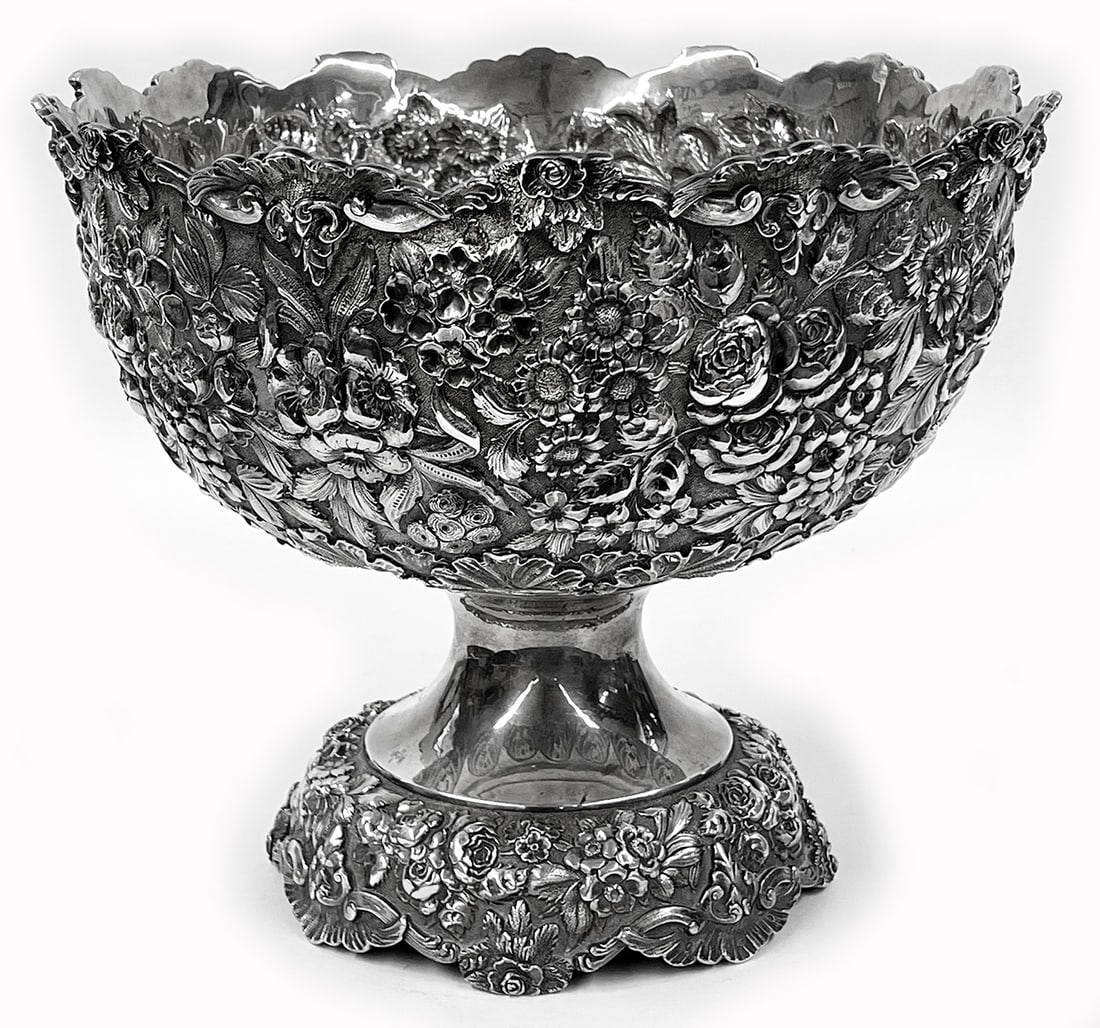 Sterling Silver Repousse Footed Punch Bowl Auction