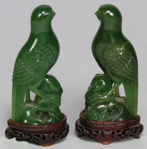 Pair Of Chinese Small Green Jade Birds