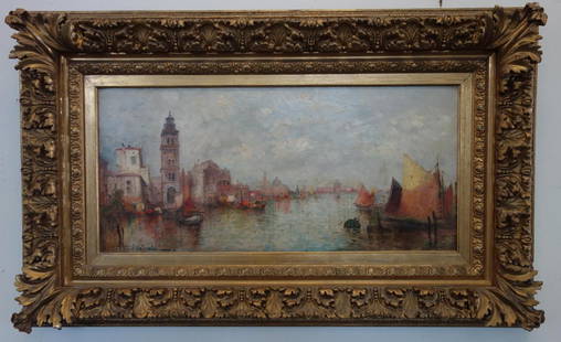Antique Oil Painting View Of Venetian Grand Canal