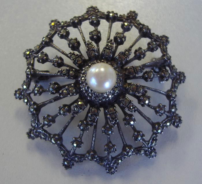 Antique Sterling & Marcasite Pin With Pearl