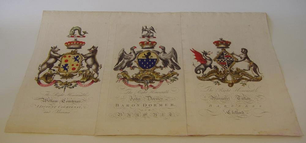 3 English ARMORIAL Hand Colored Engravings
