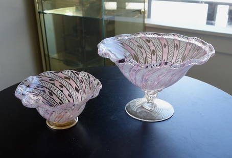 Murano Latticino Ribbon Glass Compote & Bowl