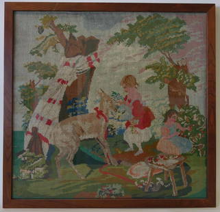 Vintage Framed Needlepoint Sample Young Girls