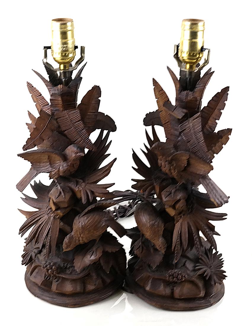Pair of Ornate Wood Carved Bird Lamps