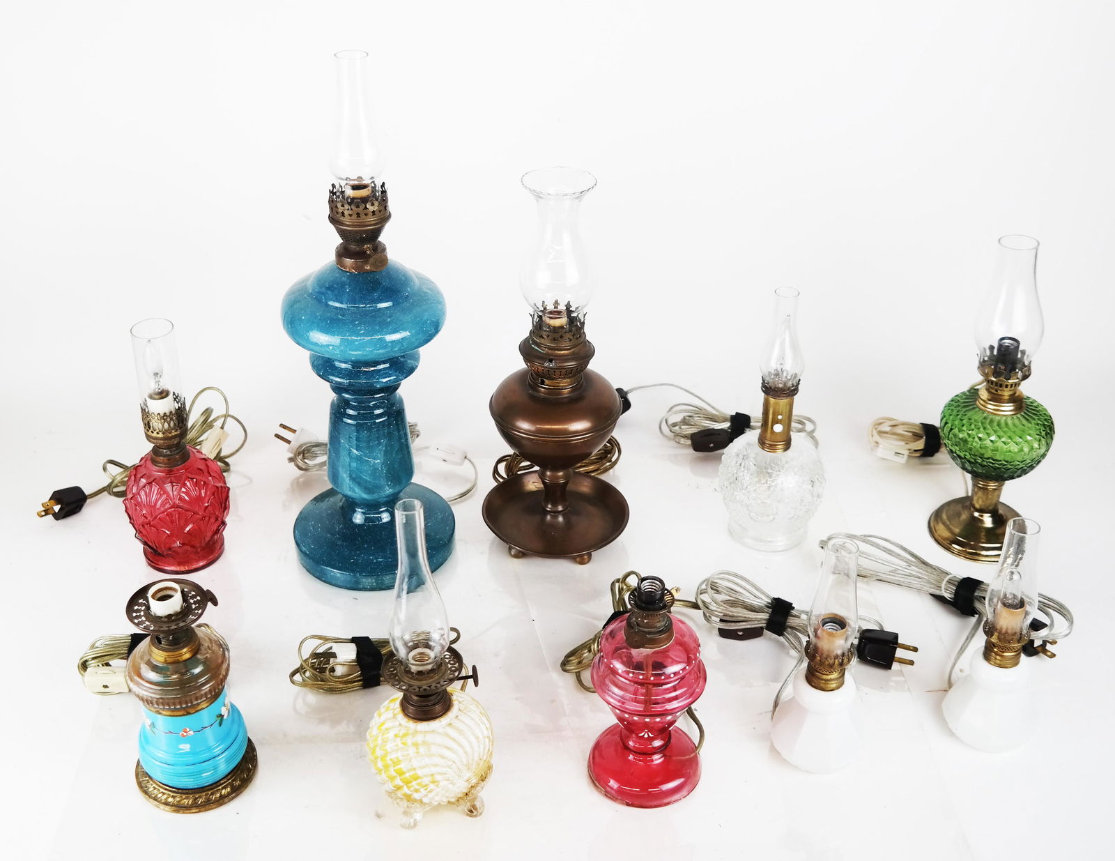 Ten Various Hurricane Lamps & Shades