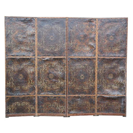 Tooled Leather Four Panel Floor Screen