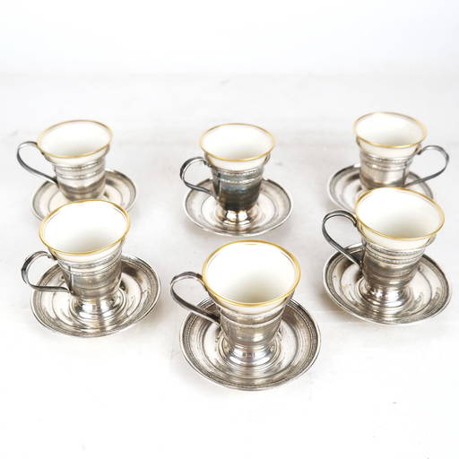 Set Of 6 Sterling Silver Demitasse Cups & Saucers