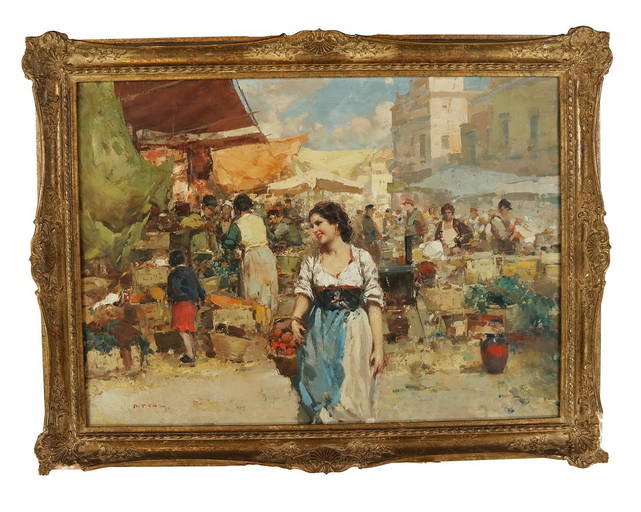 Giuseppe Pitto: Market Scene Oil Painting