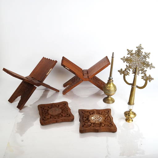 Eight Brass & Carved Wood Indian Objects