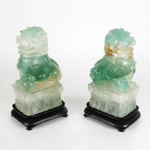 Pair Of Chinese Carved Fluorite Quartz Foo Dogs