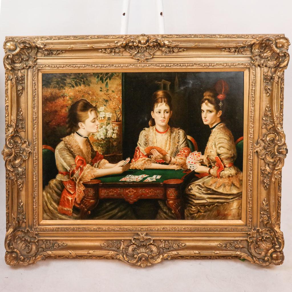 Signed Oil On Canvas - Three Women Playing Cards Auction