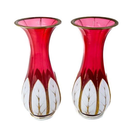 Pair Of Bohemian Overlay Ruby Vases
