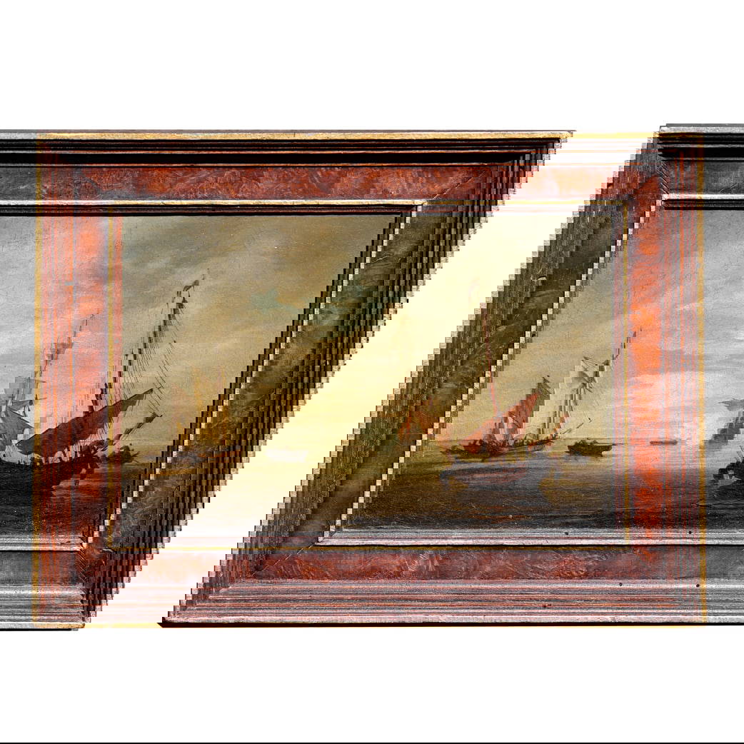 Signed 19th C. Oil On Canvas Of Ships At Port Auction