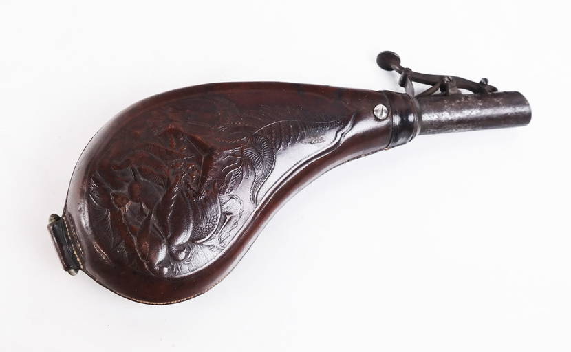 Antique Militaria: Embossed Leather Powder Horn