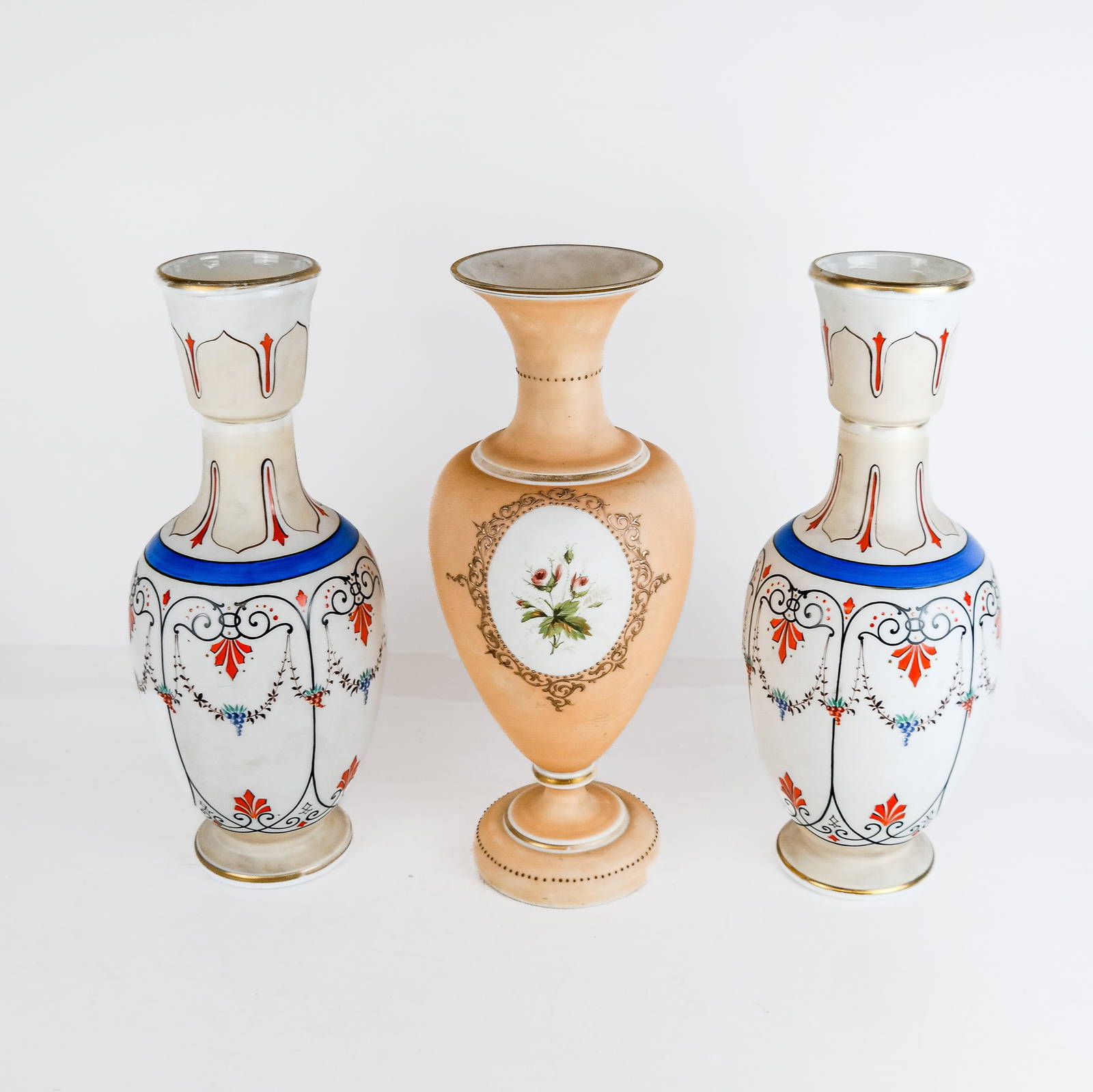 English Victorian Painted Milk Glass Vases (3) Auction