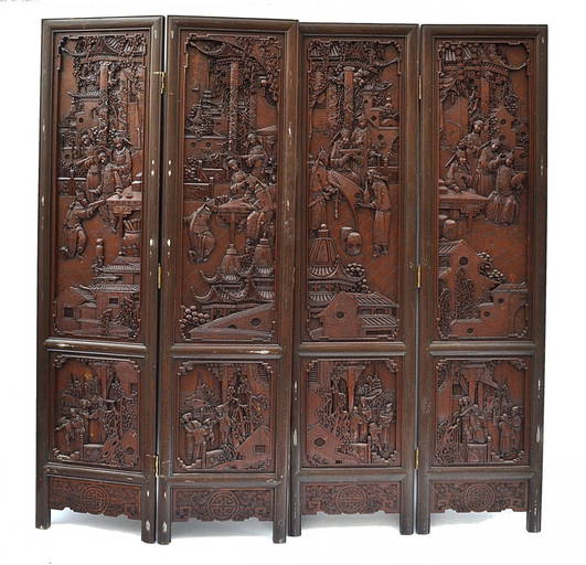 Vintage Chinese Carved Four Panel Screen