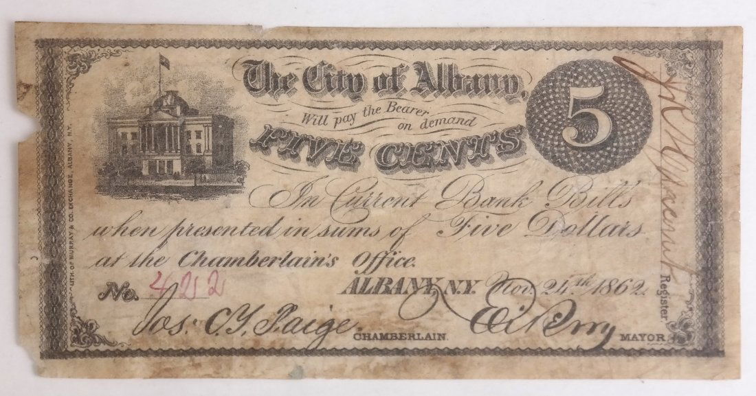 The City Of Albany 1862 5¢ Scrip Note
