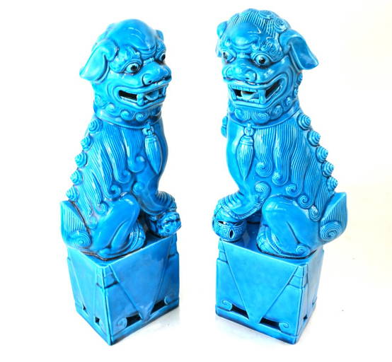 Pair Chinese Turquoise Glazed Foo Lions