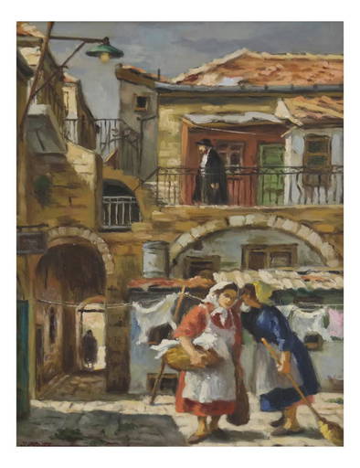 Isaac Holtz, "gossip" Oil On Board