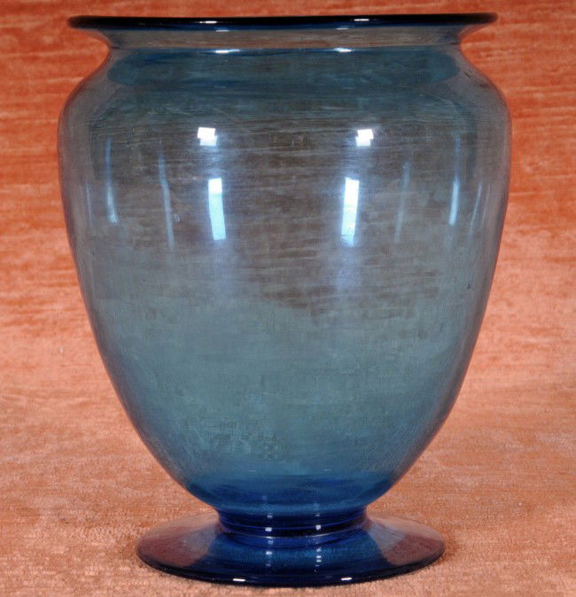 Blue Art Glass Vase. Flared Rim And A Pedestal Vas