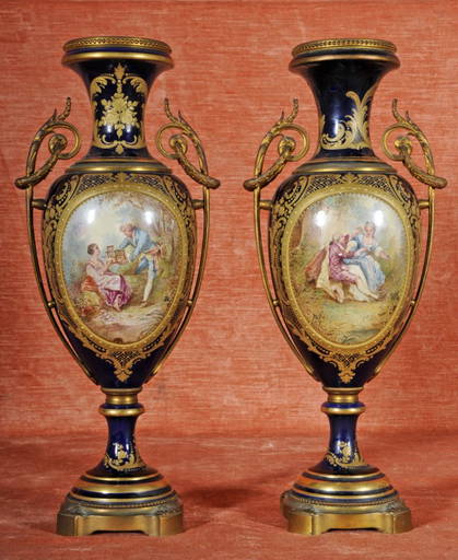 Pr. Ant. French Cobalt Porcelain Urns. Ptd. Figura