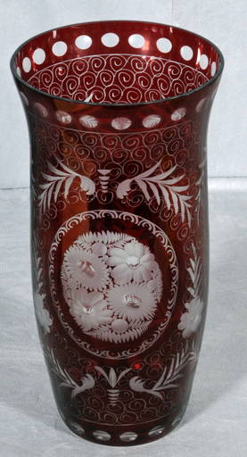 Eggerman Style Cranberry Glass Vase. Copper Wheel E
