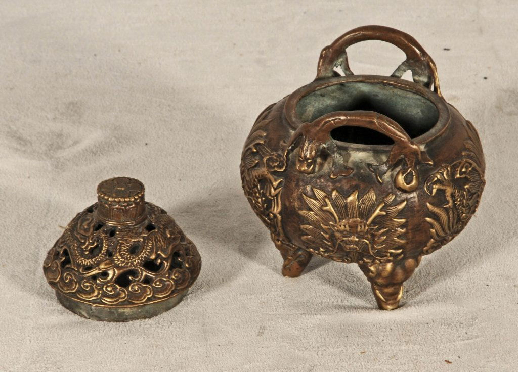 Antique Oriental Bronze Incensor. Openwork Dragon