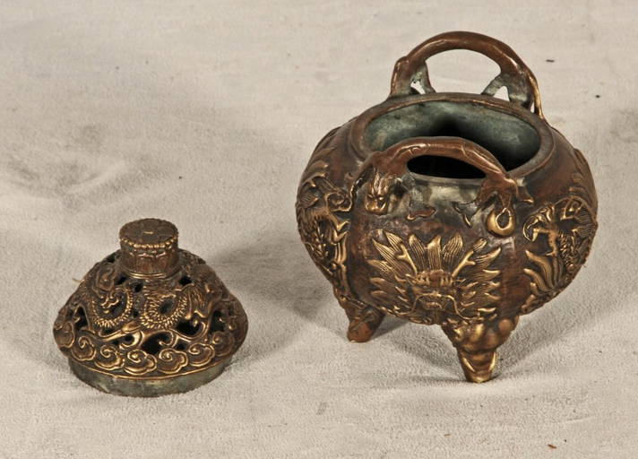 Antique Oriental Bronze Incensor. Openwork Dragon