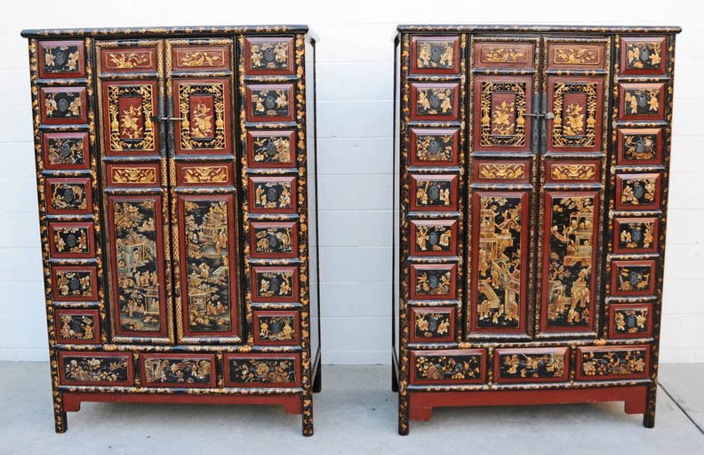 Pr. Antique Chinese Lacquer & Ning Po Cabinets. Center