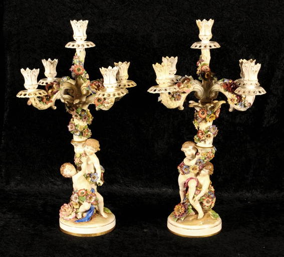 Pair Of 5 Light Porcelain Candelabra. Scrolled Arms,