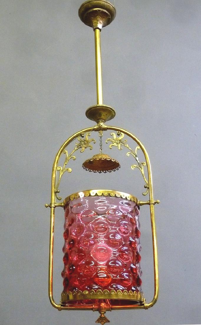 Circa 1880's Cranberry Bullseye Gas Ceiling Light with