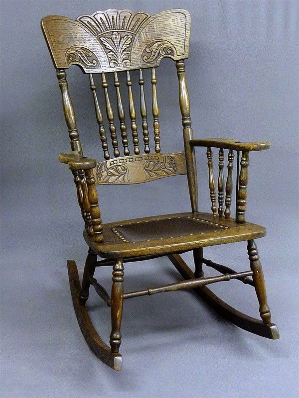 Solid Oak Press Back Rocking Chair W/arms & Deer H