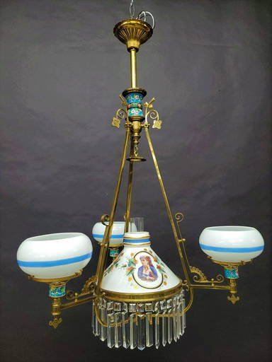 C 1880's Aesthetic 3 Arm Gasolier/ Chandelier W/longwy Décor & Sandwich ...