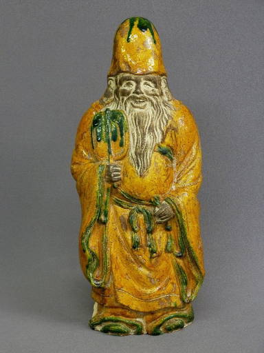 Oriental Pottery Sculpture Of Man 20" Tall Chip