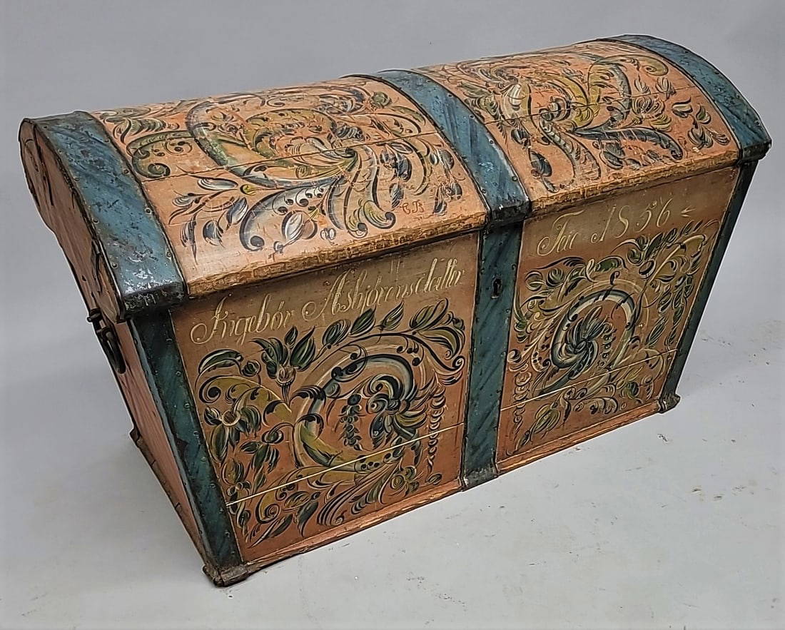 Signed & Dated 1856 Norwegian Rosemaled Immigrant Trunk With Extensive ... Signed & Dated 1856 Norwegian Rosemaled Immigrant Trunk With Extensive ...
