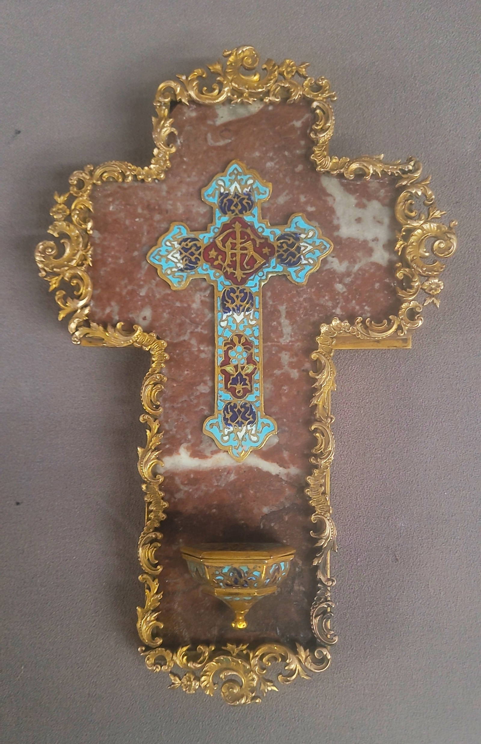Rare Holy Water Font With Ornate Gilt Brass Frame, Brass & Enamel Cross ...