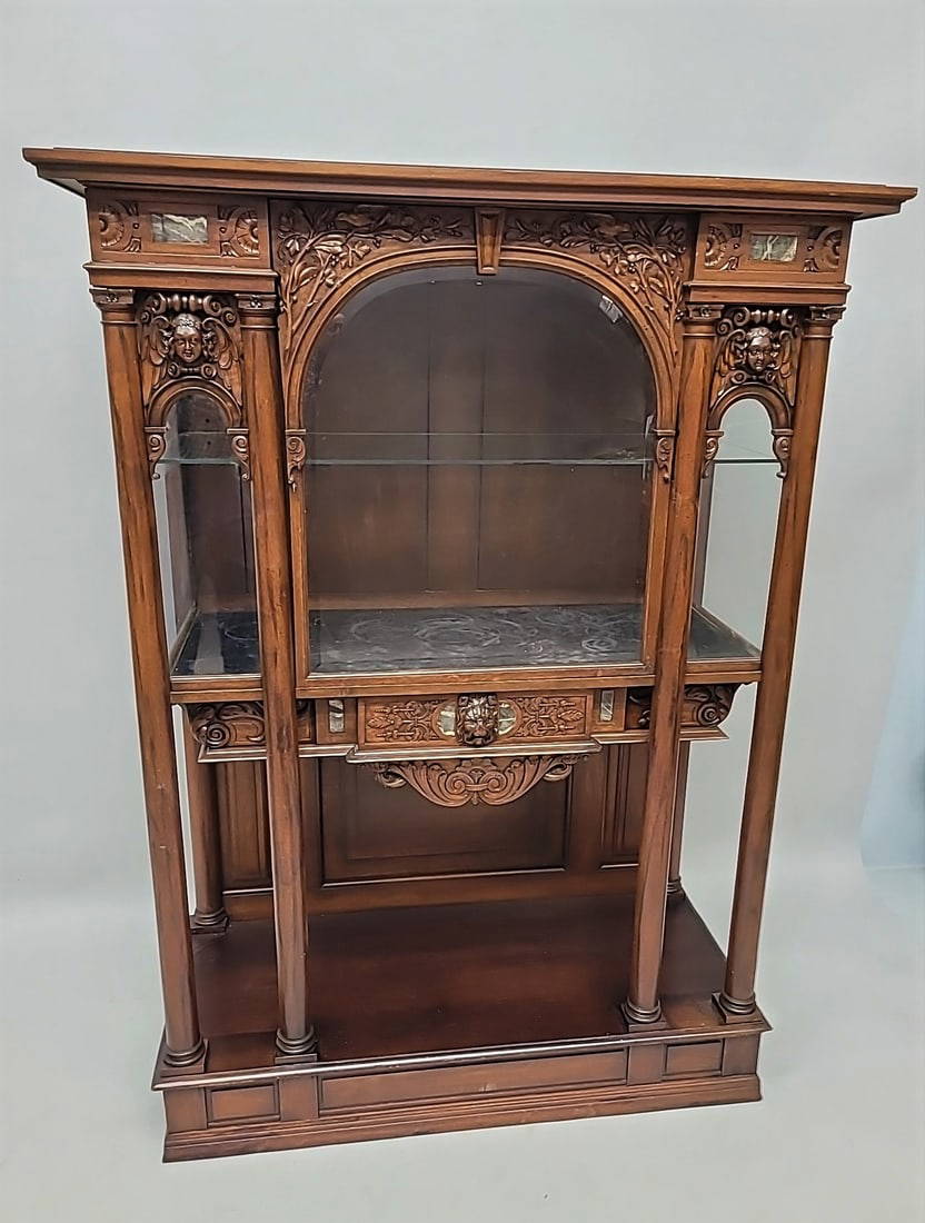 Carved Walnut Lion, Angel, Bird Carved Curio With Marble Insert Décor ...