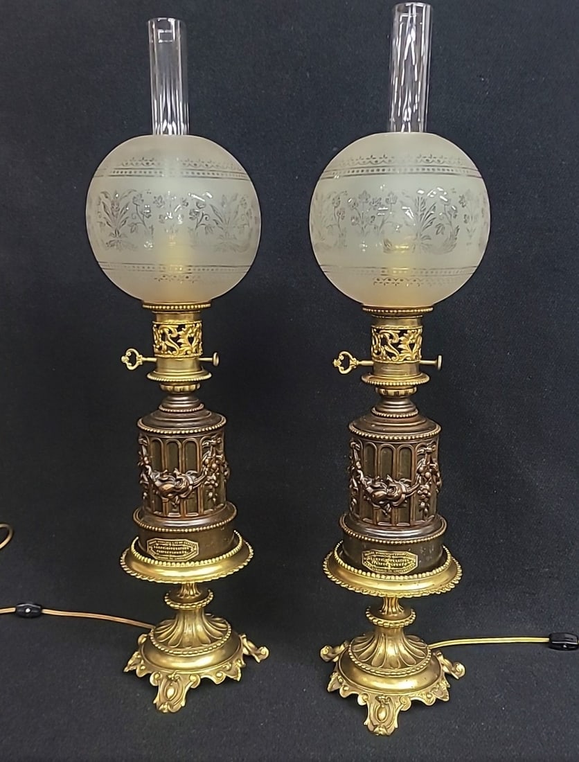 Pair Of Brass Gilt And Patinated Metal Early Carcel Oil Lamps Now ...