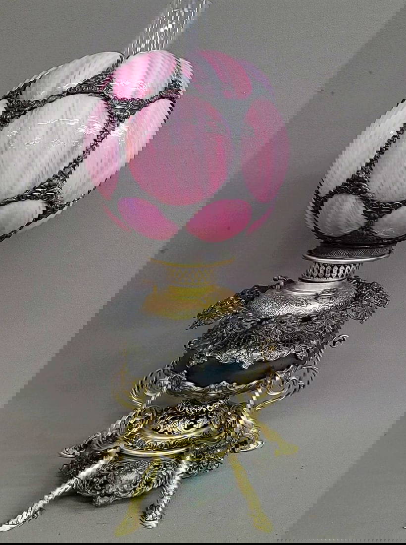 Circa 1890's Ornate Brass & Spelter Oil Lamp W/pink Slag Glass Ball ...