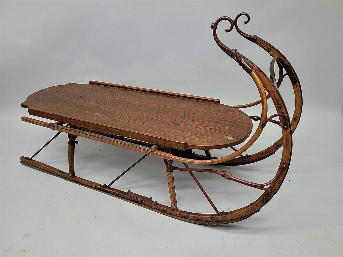 Circa 1870's Forged Iron & Steam Bent Wood Large Decorative Sled. Has ...