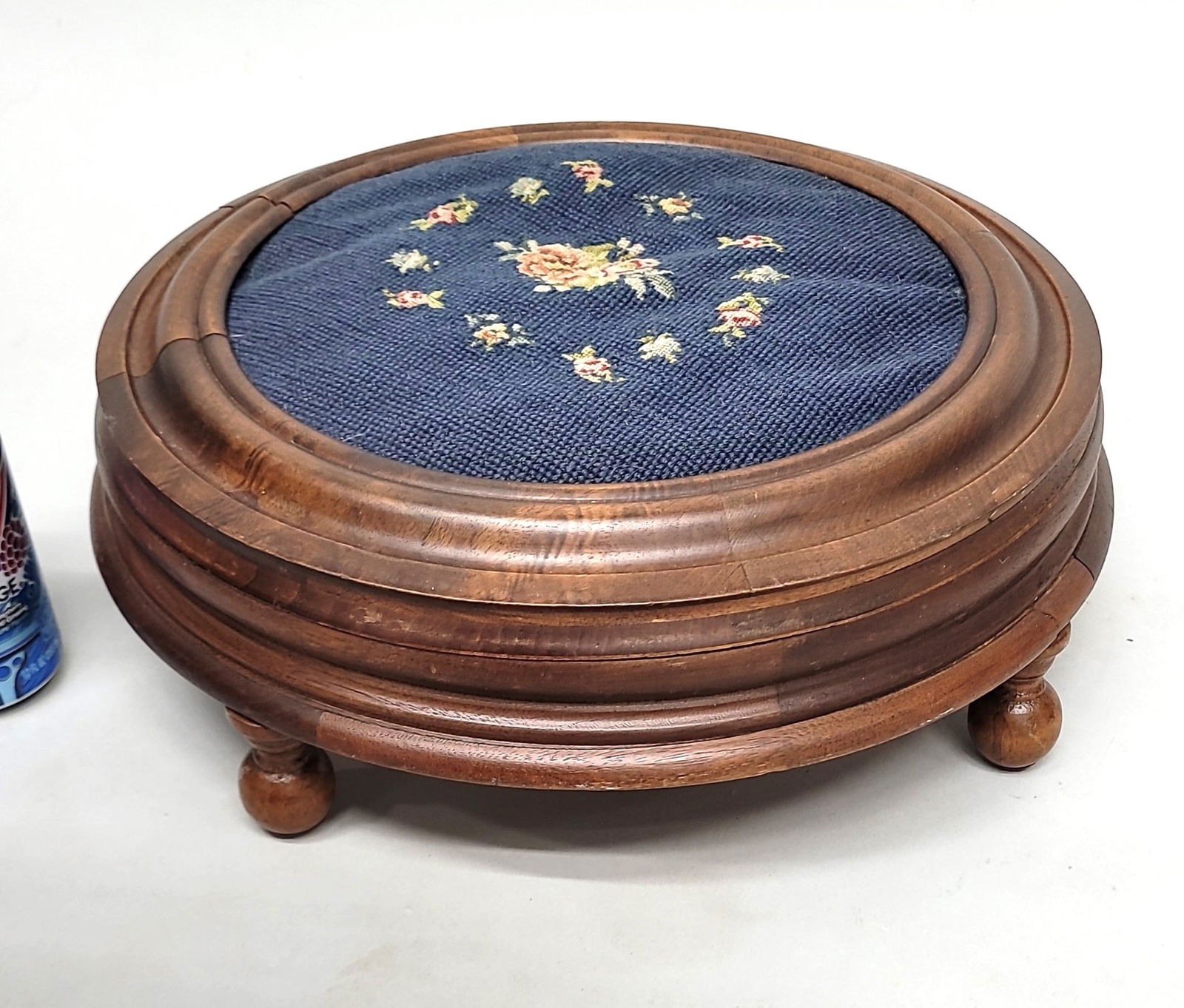 C 1860's Walnut Round Foot Stool With Needlepoint - Unusual Design Foot ...