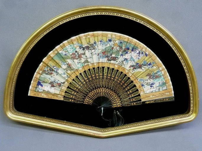 Chinese Hand Painted Fan In Gold Leaf Shadow Box Frame.