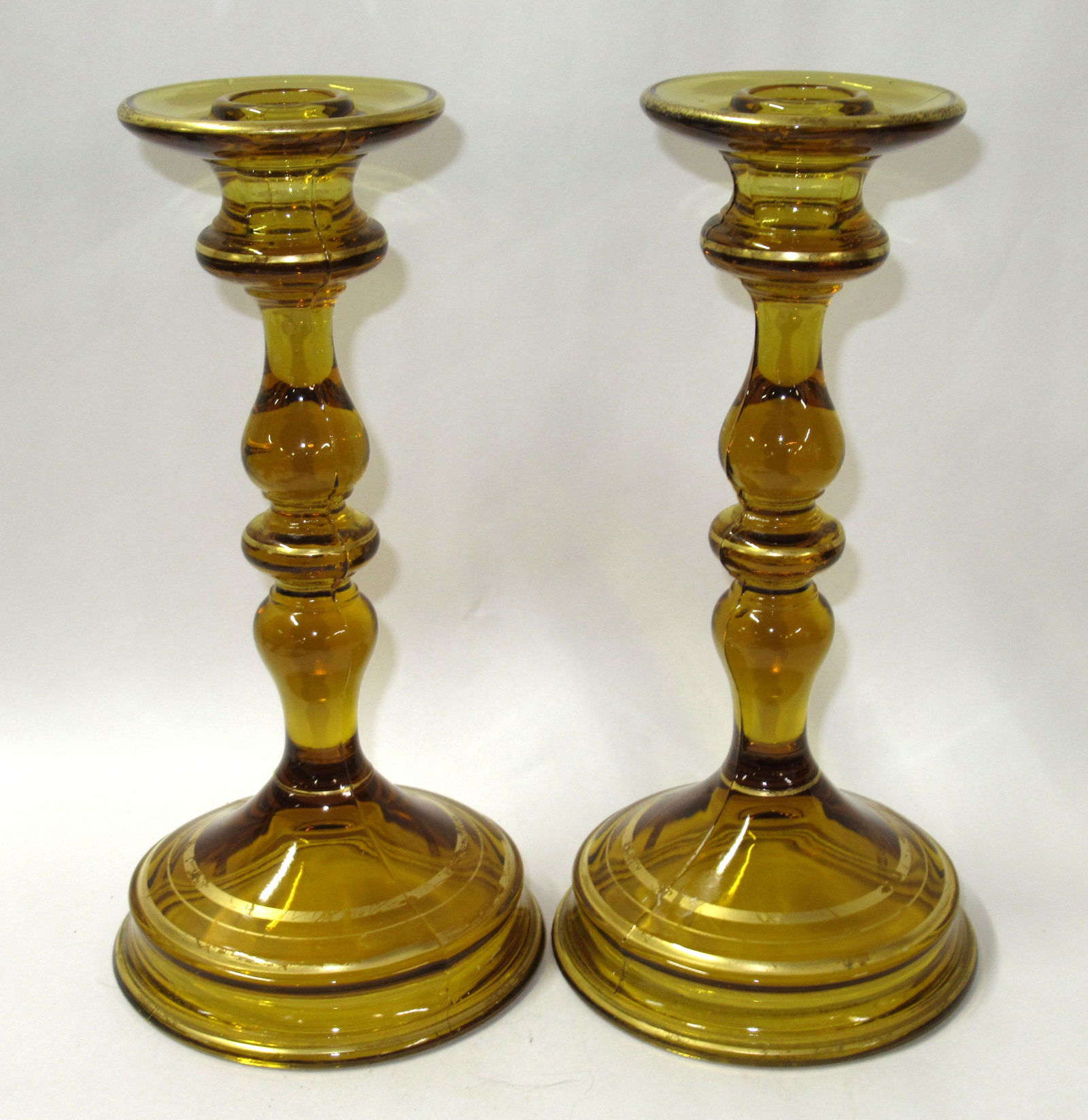 Pr Amber Candlesticks W/ Gold Décor