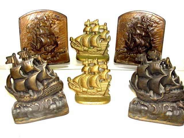 Three Sets Of Bronze Ship Bookends