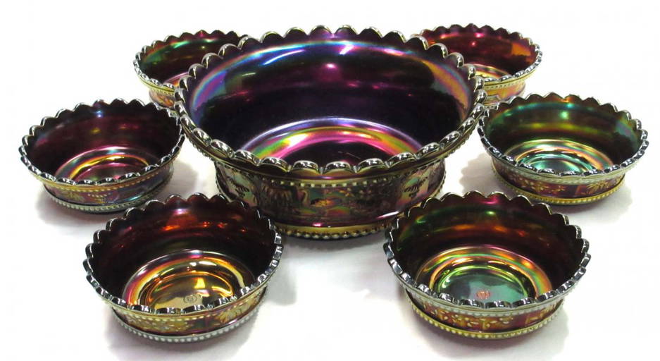 7pc Northwood Carnival Glass Berry Set